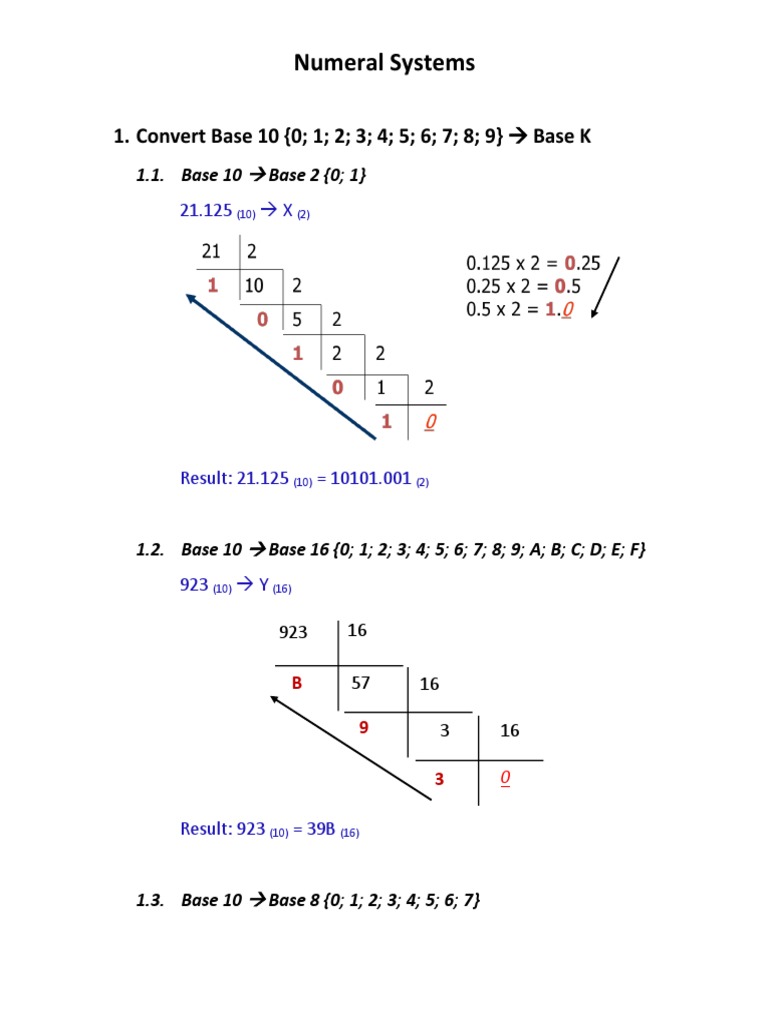 Numeral Systems: 1. Convert Base 10 (0 1 2 3 4 5 6 7 8 9) Base K | PDF | Computer Architecture ...