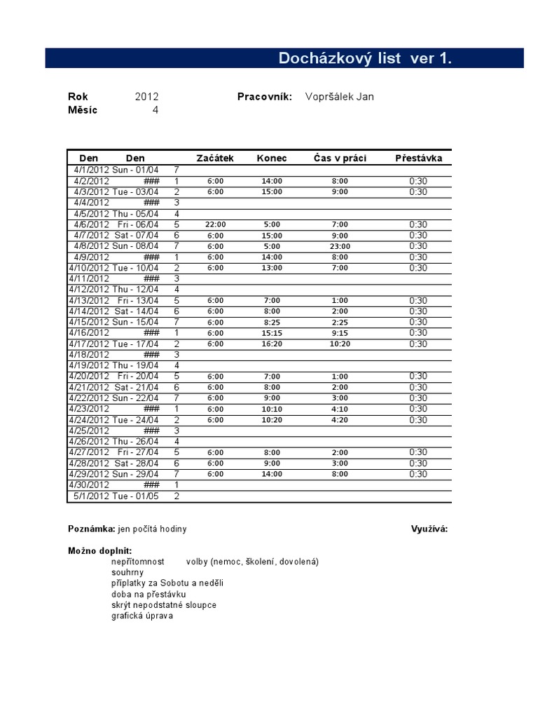 Dochazkovy List V 1 | PDF