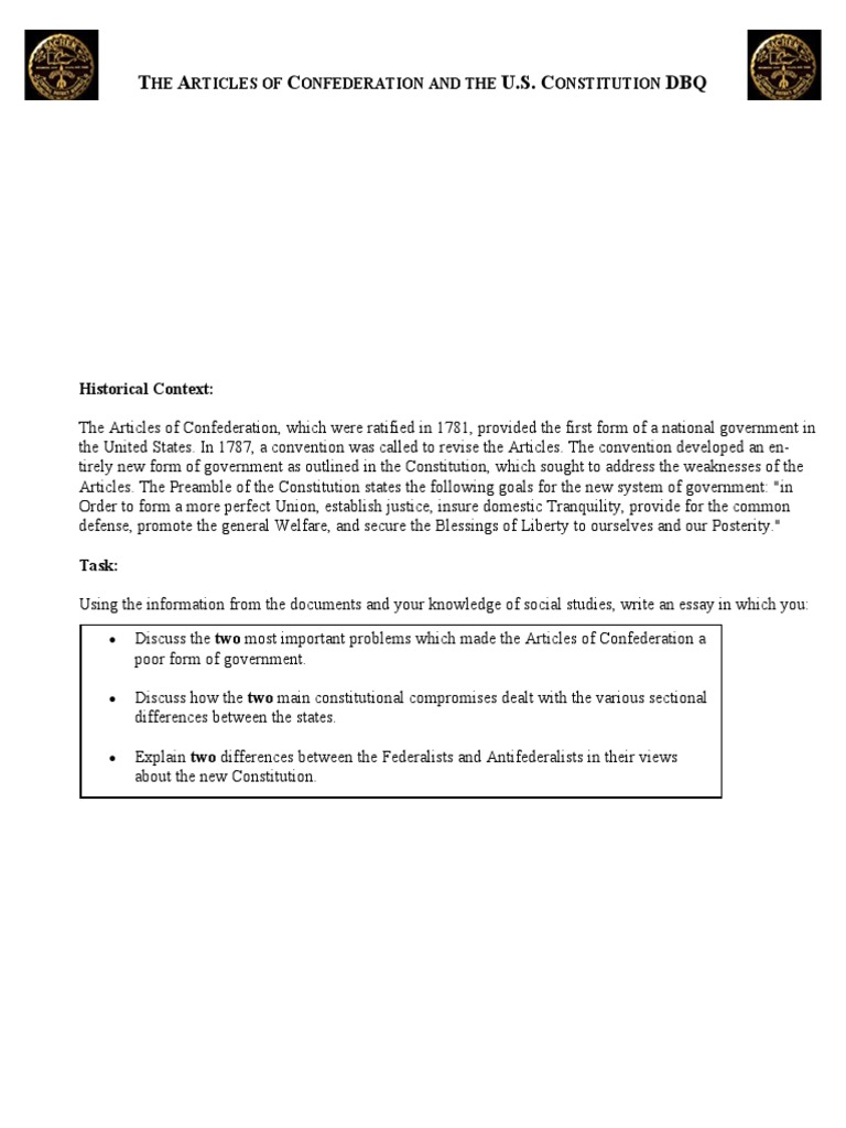 The Articles of Confederation and The U.S. Constitution DBQ | PDF ...