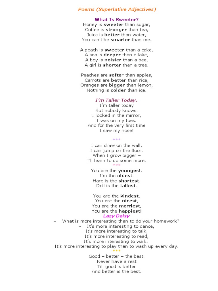 Poems Superlative Adjectives Reading Comprehension Exercises 16631 | PDF