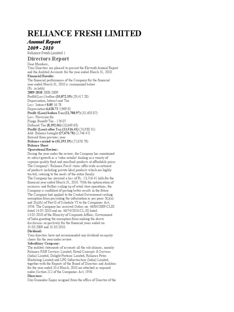 Reliance Fresh Limited Annual Report 2010 | PDF | Depreciation ...