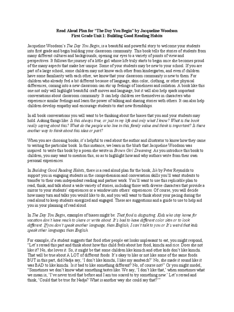 Read Aloud 1st Grade Building Good Habits - The Day You Begin | PDF