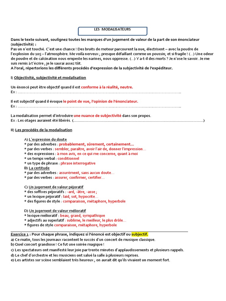 Exercices sur la modalisation en français | PDF | Phrase | Adverbe