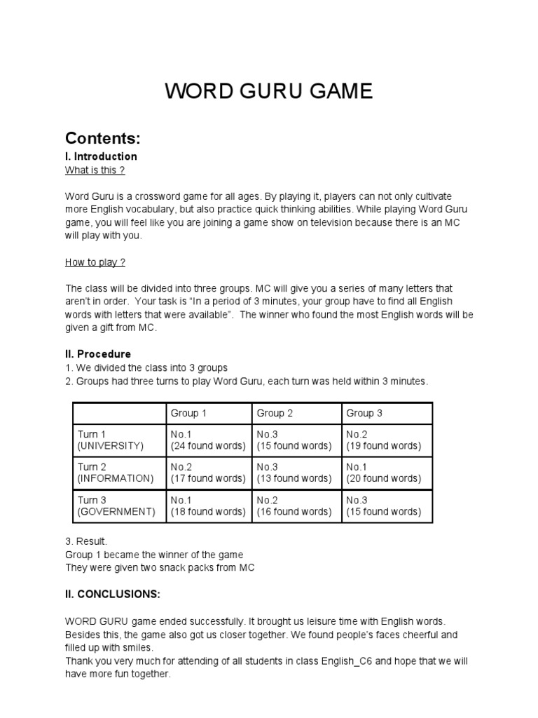 Word Guru Game Overview and Results | PDF