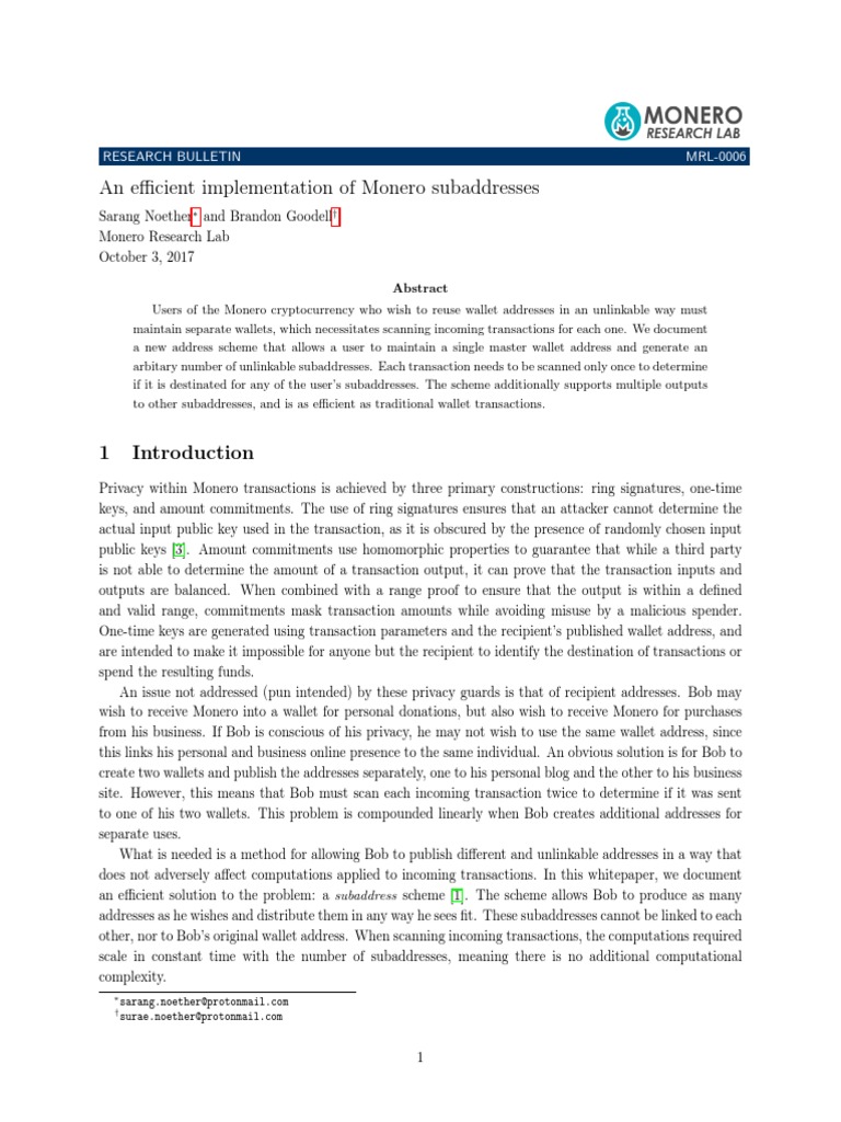 An Efficient Implementation of Monero Subaddresses: Research Bulletin MRL-0006 | PDF | Applied ...