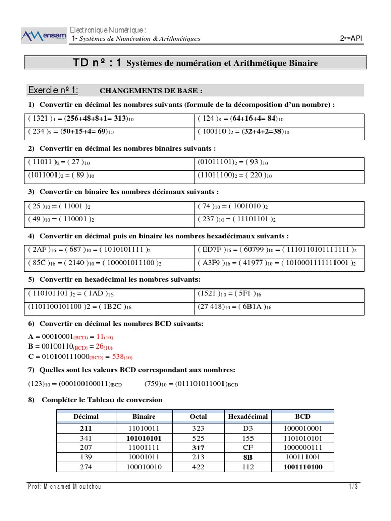 TD1 Syst Num Corrigé 3 | PDF | Décimal codé binaire | Informatique