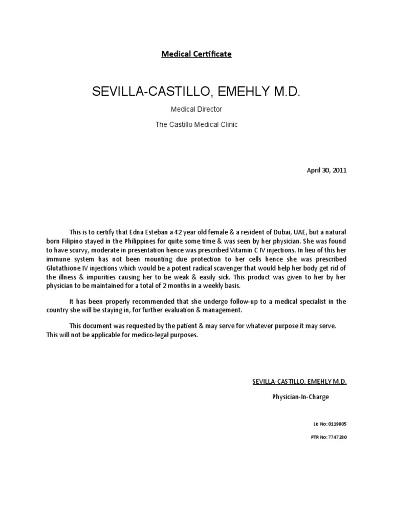 Medical Certificate for Vitamin C and Glutathione Treatment | PDF
