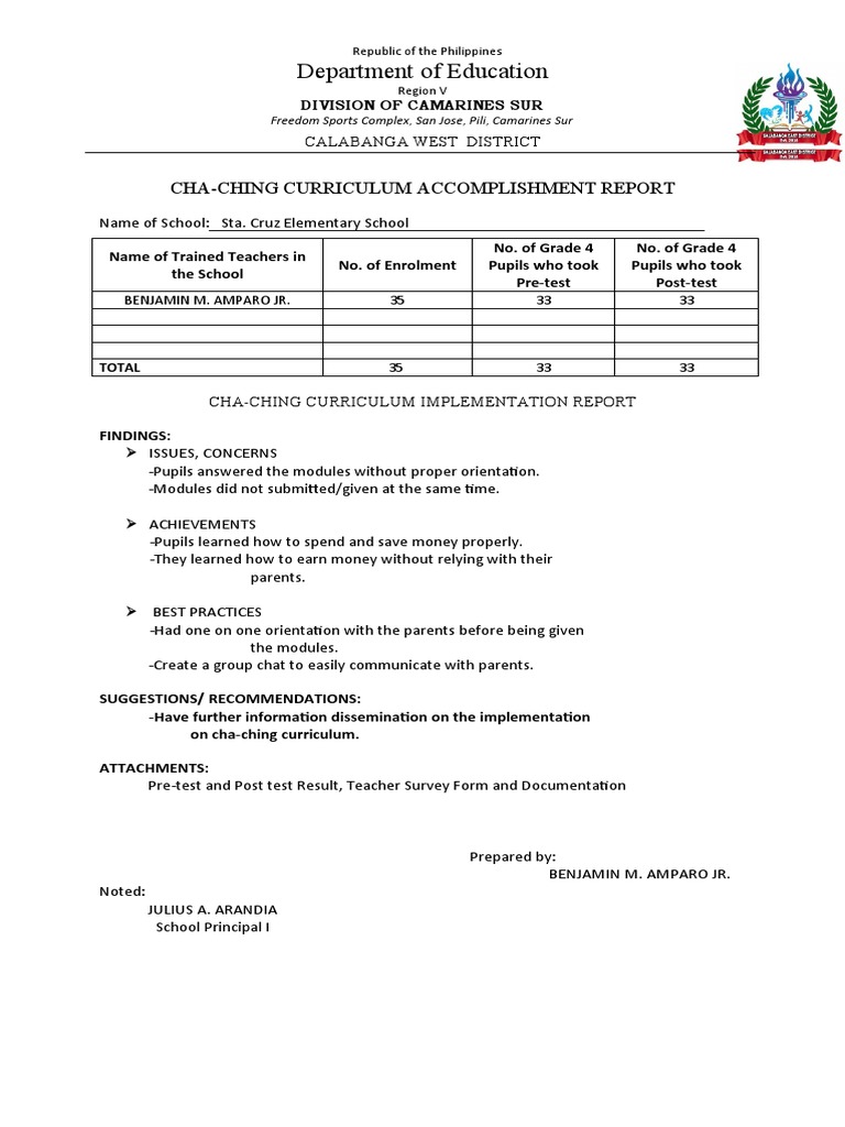 Department of Education: Cha-Ching Curriculum Accomplishment Report ...