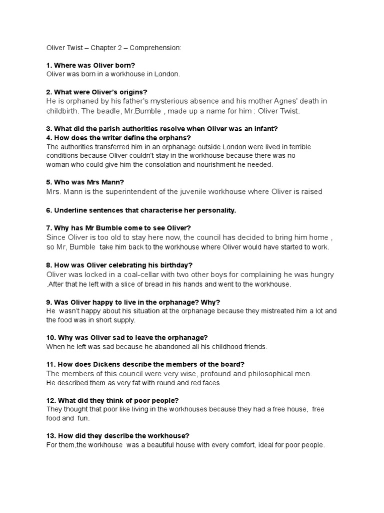 Oliver Twist Chapter 2 Comprehension Guide | PDF | Oliver Twist