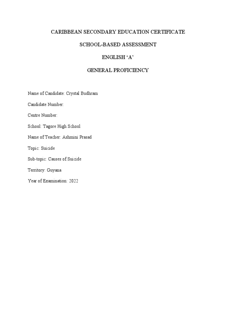 Crystal Budhram English A SBA | PDF | Suicide | Depression (Mood)