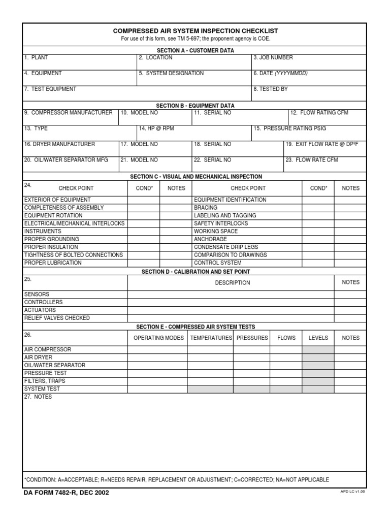 Compressed Air System Inspection Checklist: Section A - Customer Data ...