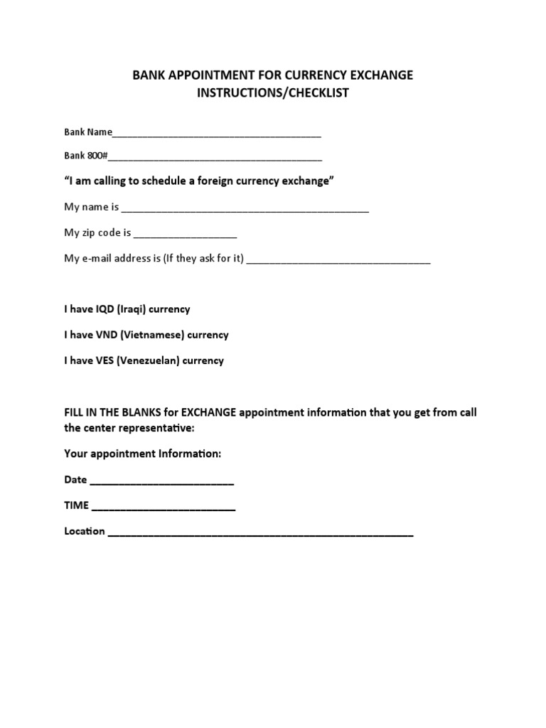 Bank Appointment For Currency Exchange Instructions/Checklist | PDF ...