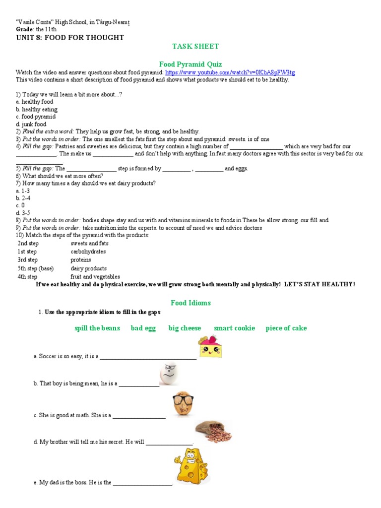 Task Sheet Food Pyramid Quiz: Unit 8: Food For Thought | PDF | Foods ...