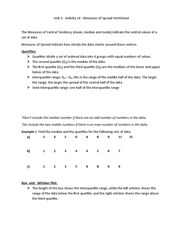Unit 3 - Activity 10 - Measures of Spread Worksheet | PDF | Quartile