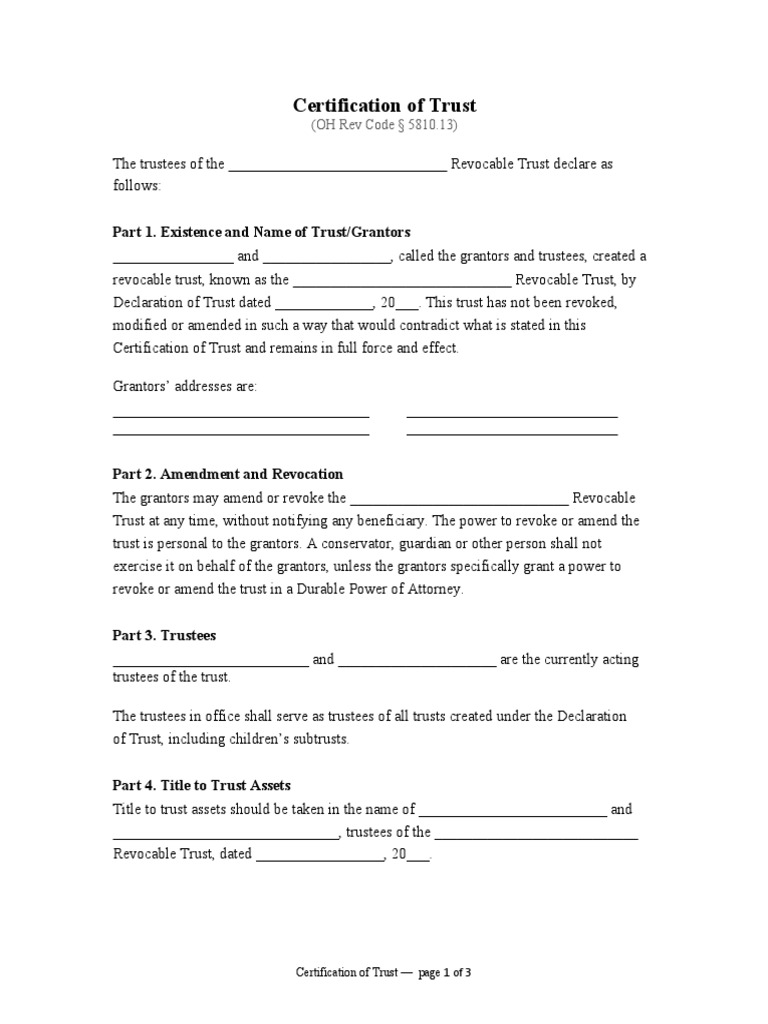 Certification of Trust (Co-Trustees) Sample | PDF | Trust Law | Trustee