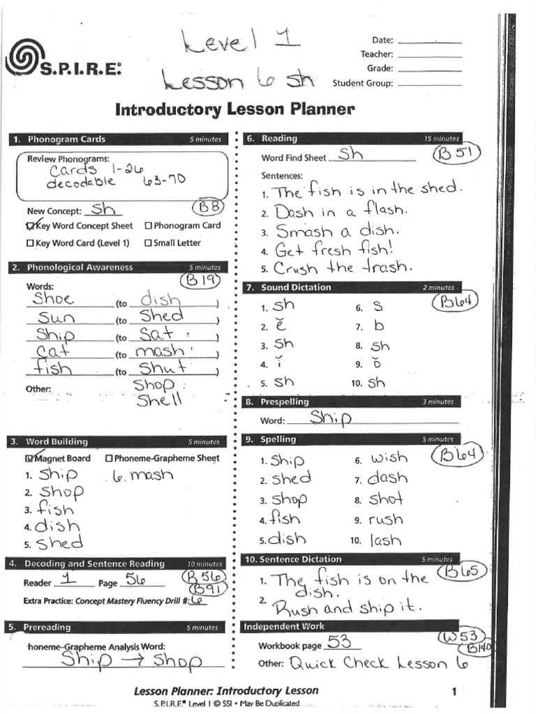SPIRE Level 1 SH Lesson Planner Sample | PDF