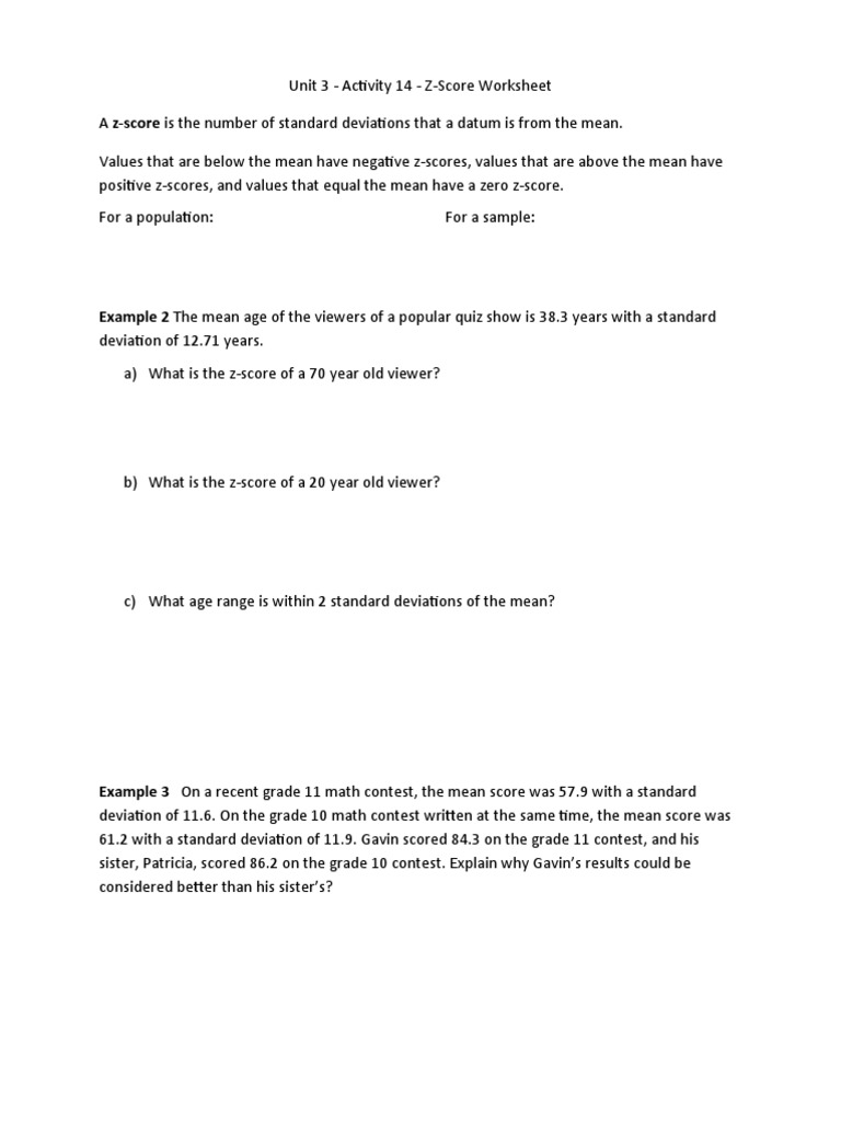 Unit 3 - Activity 14 - Z-Score Worksheet | PDF