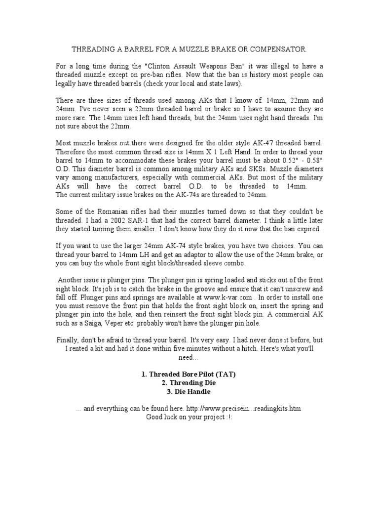 Threading A Barrel For A Muzzle Brake or or | PDF | Gun Barrel ...