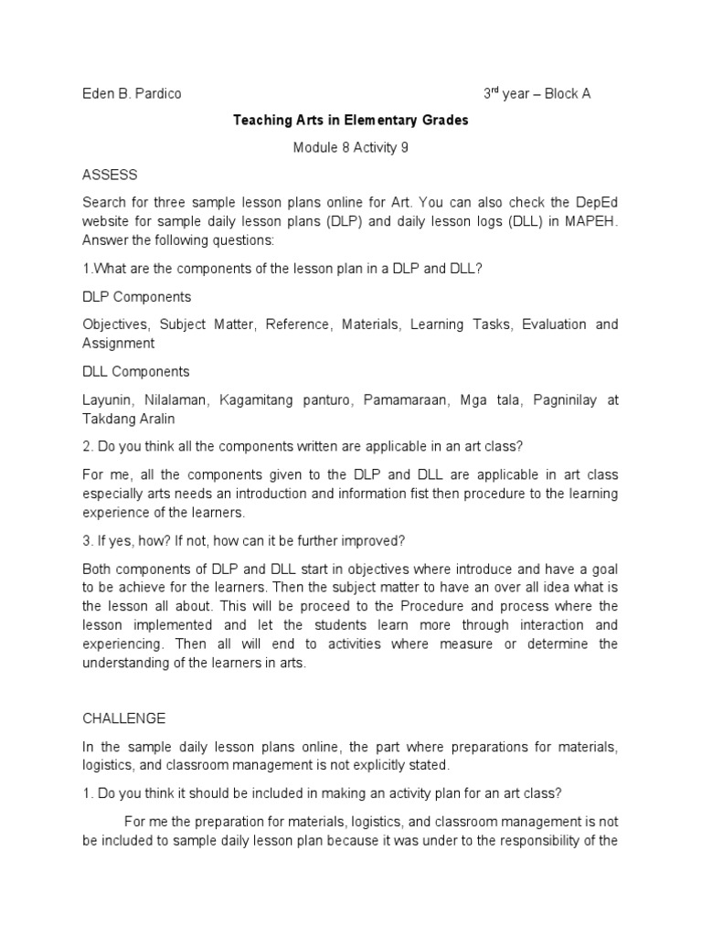 Teaching Arts in Elementary Grades | PDF | Lesson Plan | Communication