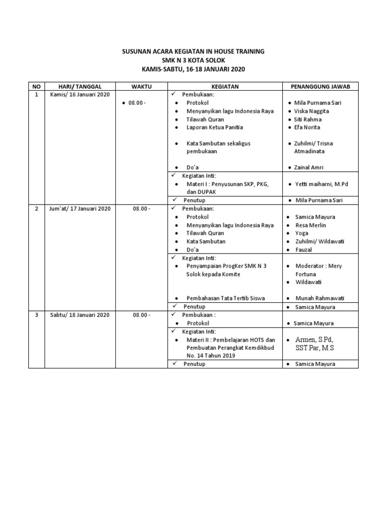 Susunan Acara In House Training SMK N 3 | PDF