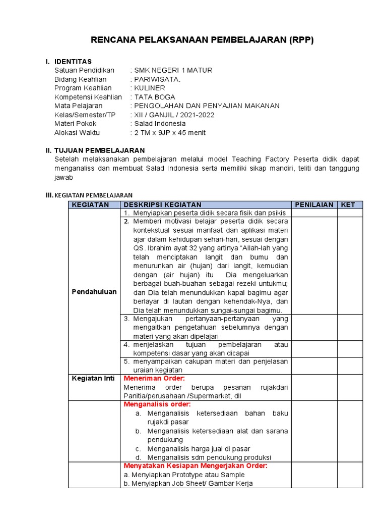 RPP Tefa Salad Indonesia Yuriko | PDF