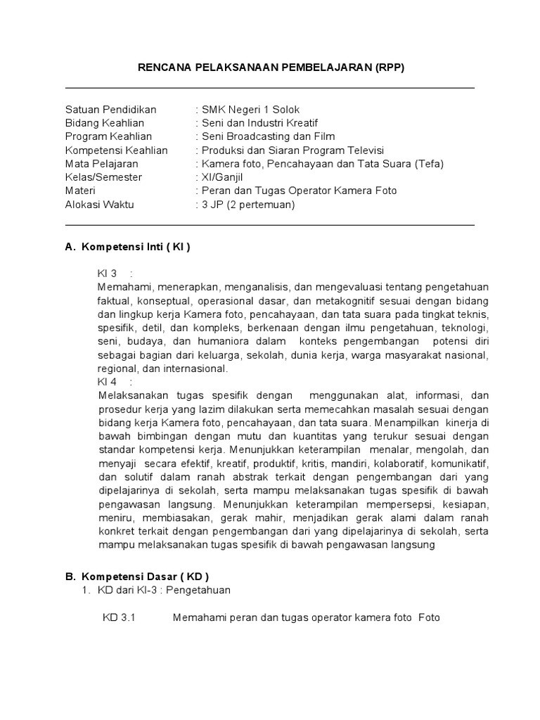 RPP TATA KAMERA KELAS XI GANJIL Tefa | PDF