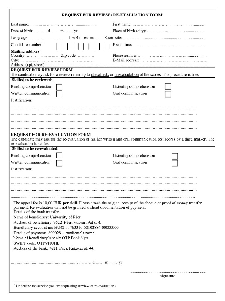 Request For Review / Re-Evaluation Form | PDF | Service Industries ...