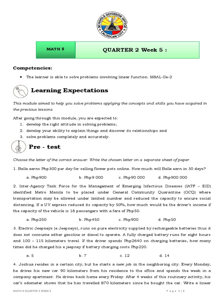 Math 8 QTR 2 Week 5 | PDF | Function (Mathematics) | Equations