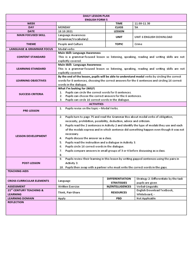 Lesson Plan Form 5 | PDF | Lesson Plan | English Language