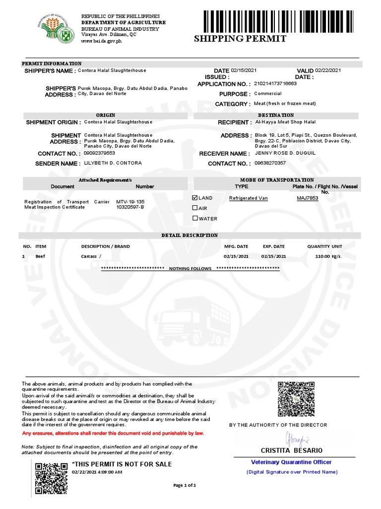 Shipping Permit: Valid Date: Date Issued: Shipper'S Name: Shipper'S ...