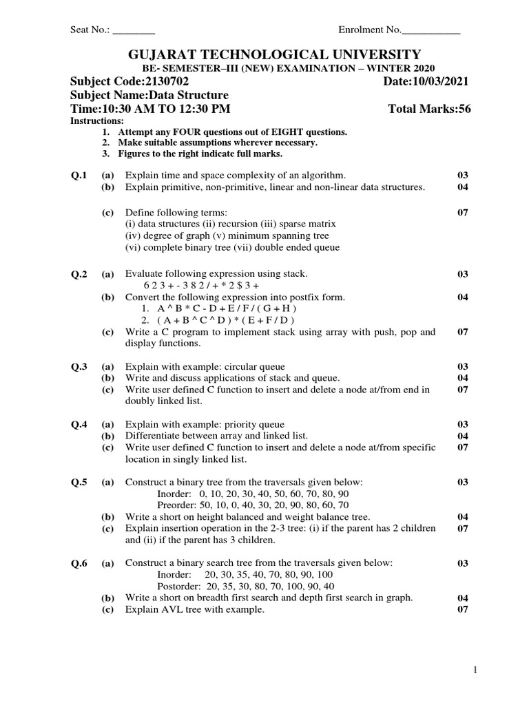 Data Structures Exam: Questions Covering Stacks, Queues, Linked Lists, Trees, Searching and ...
