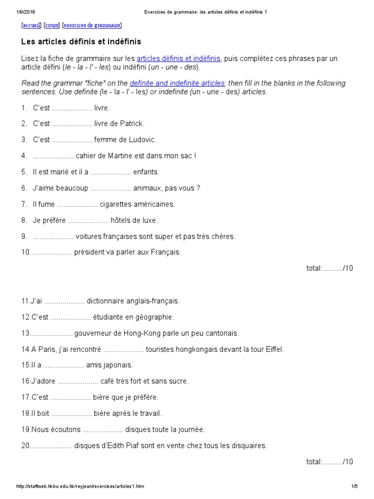 Exercices Articles Définis/Indéfinis | PDF | Échecs | Théorie (échecs)