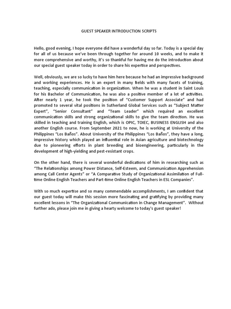 Guest Speaker Introduction Scripts | PDF | Wellness