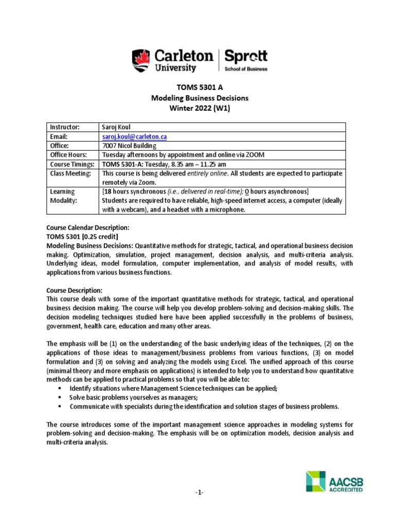 TOMS 5301 A Modeling Business Decisions Winter 2022 (W1) : Saroj - Koul ...