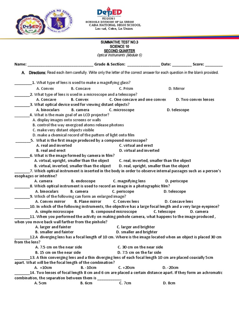 Grade 10 Optics Summative Test | PDF | Optics | Imaging