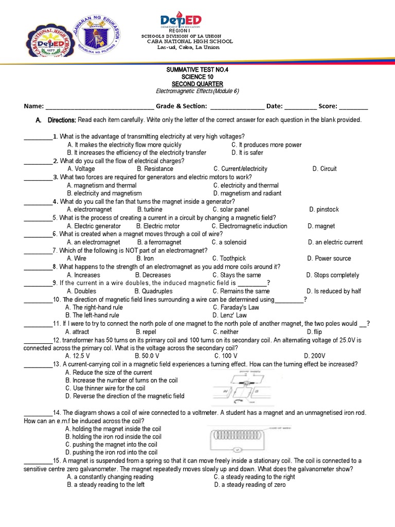 Summative Test #4 GRADE 10 | PDF | Magnetic Field | Electricity