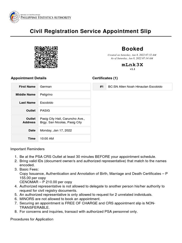 Civil Registration Service Appointment Slip: Mlnk3X | Download Free PDF ...
