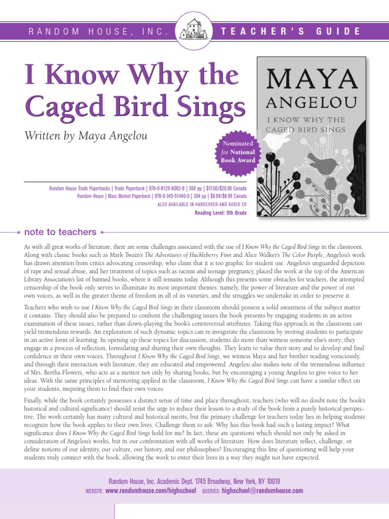 Teacher's Guide: I KNOW WHY THE CAGED BIRD SINGS by Maya Angelou | PDF ...