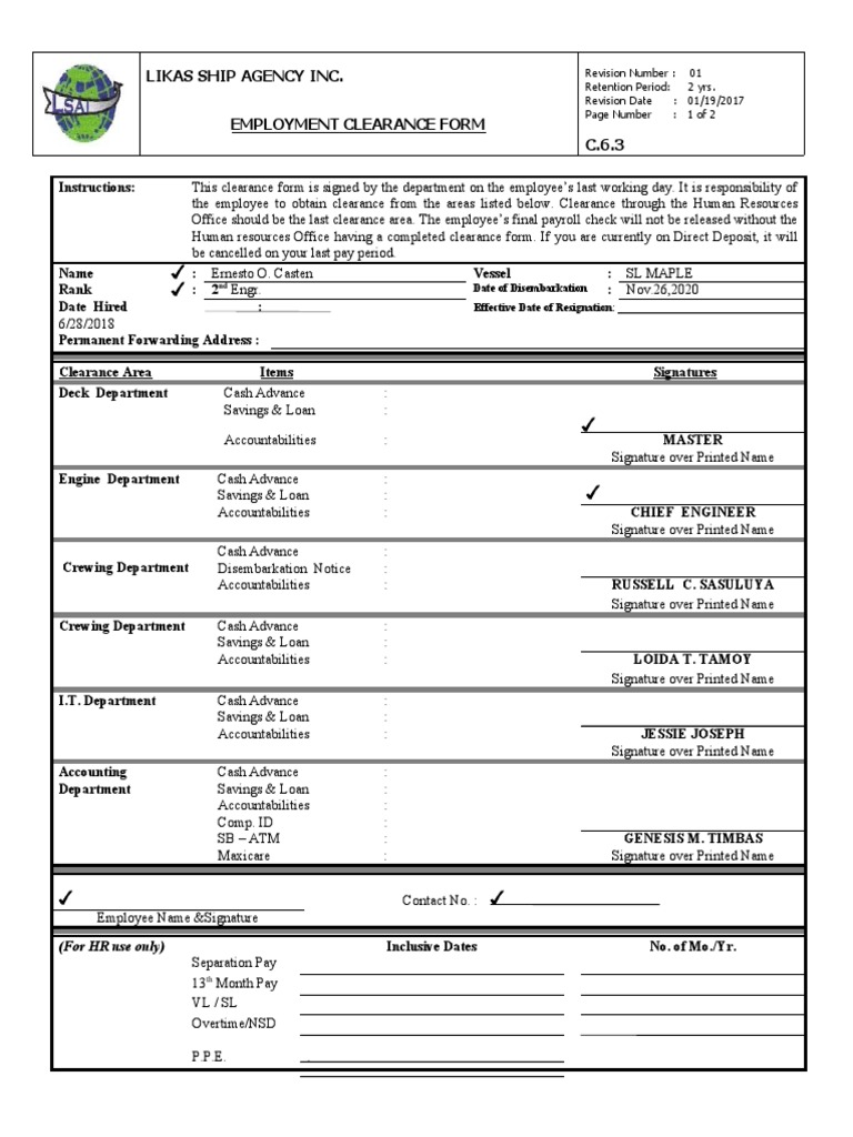 Likas Ship Agency Inc. Employment Clearance Form C.6.3: Date of Disembarkation Effective Date of ...