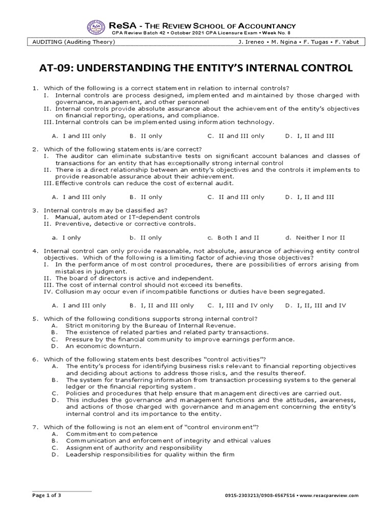 At-09 (Understanding The Entity - S Internal Control) | PDF | Internal Control | Audit