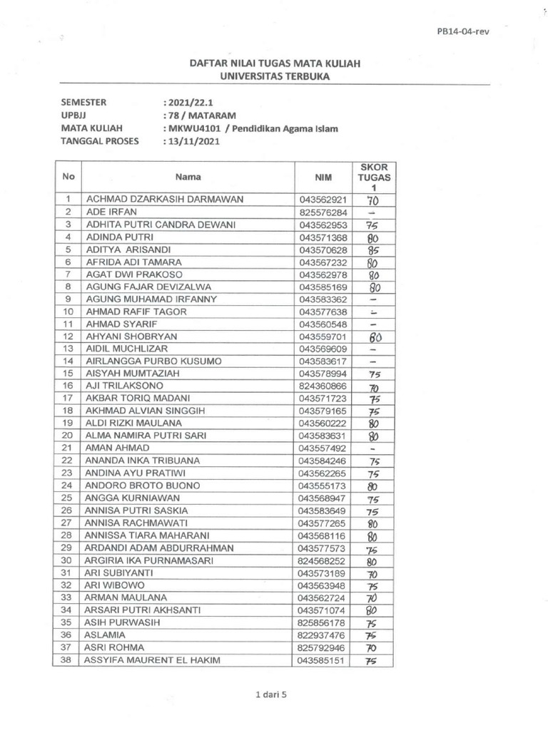 Daftar Nilai - Compressed | PDF