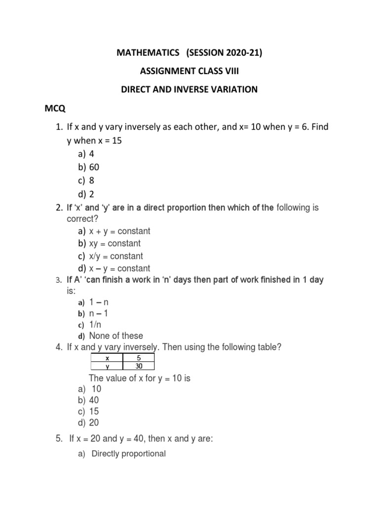 Assignment Direct and Inverse Variation Class 8 | PDF | Speed | Mathematics
