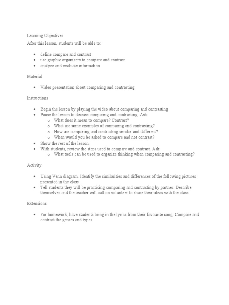 Lesson Plan Comparing and Contrasting | PDF