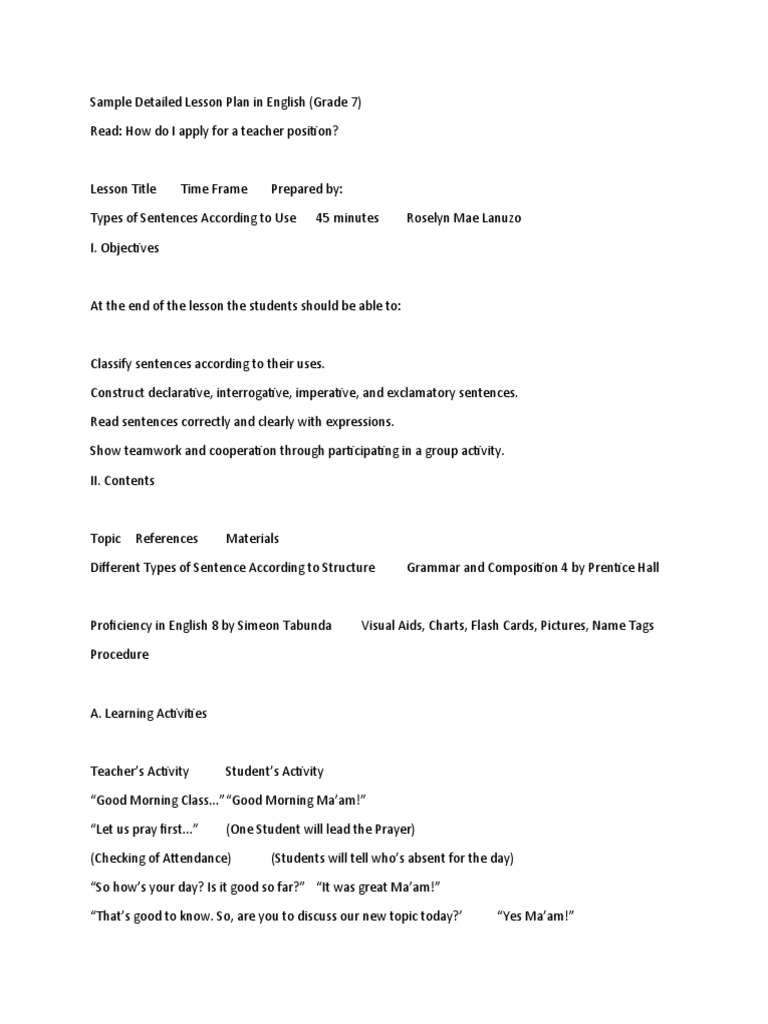 Classifying Sentences: A Detailed Lesson Plan on the Four Types of ...