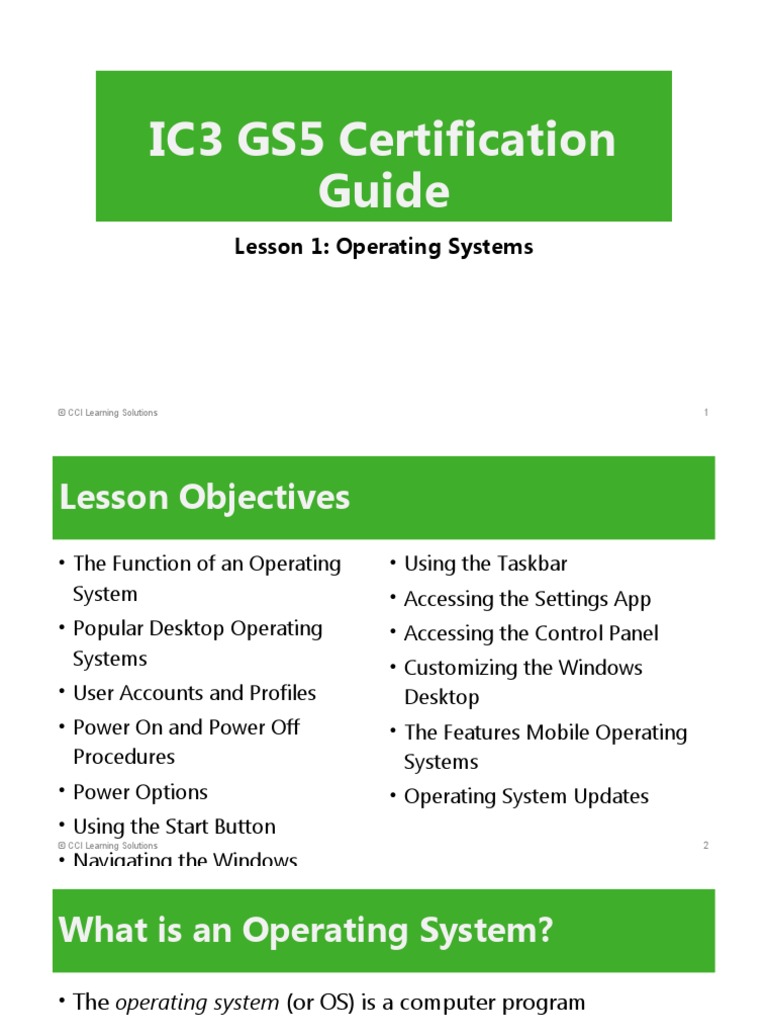 IC3 GS5 Certification Guide: Lesson 1: Operating Systems | PDF | Operating System | Desktop ...
