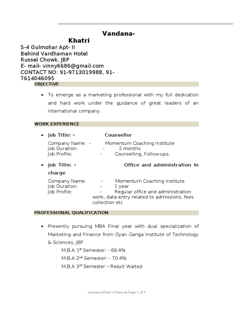 Vandana Khatri's Professional Resume | PDF | Master Of Business Administration | Educational Stages