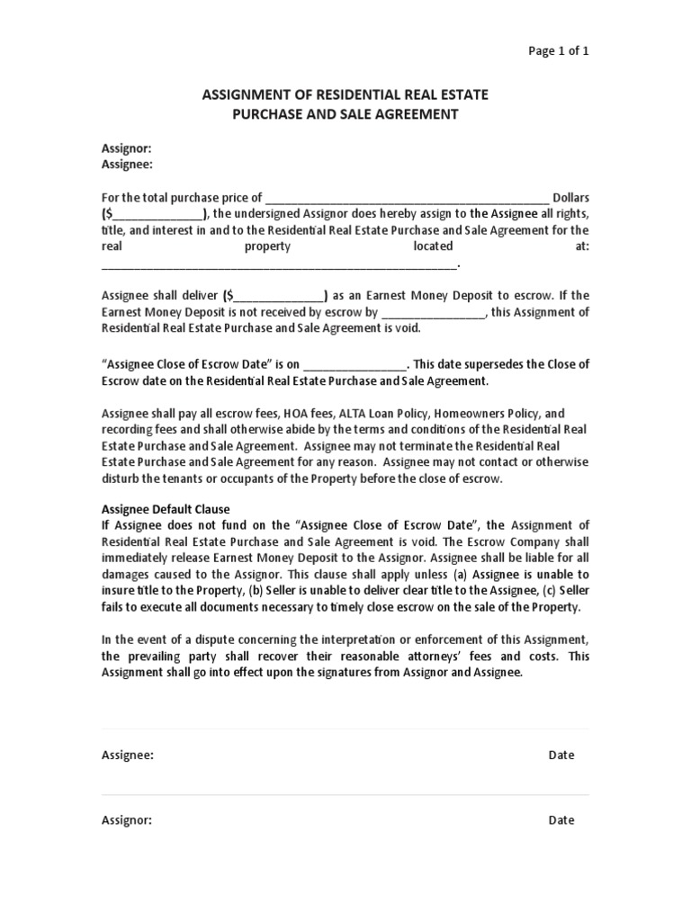 Assignment of Residential Real Estate Purchase and Sale Agreement ...
