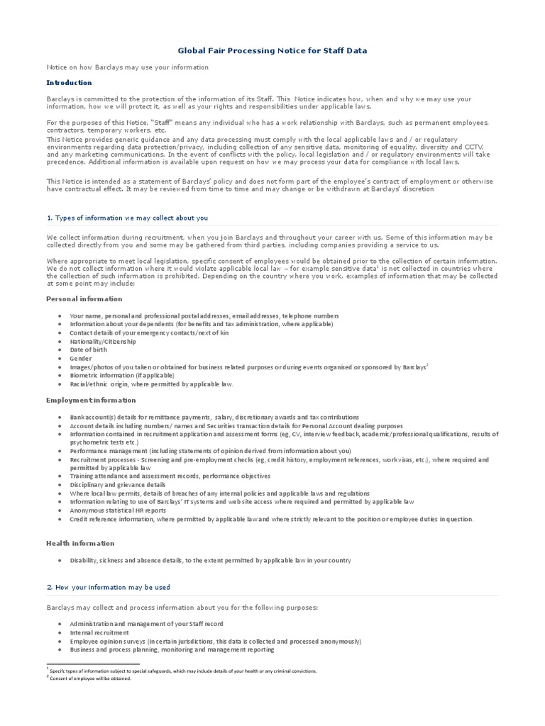 Global Fair Processing - New | PDF | Employment | Regulatory Compliance