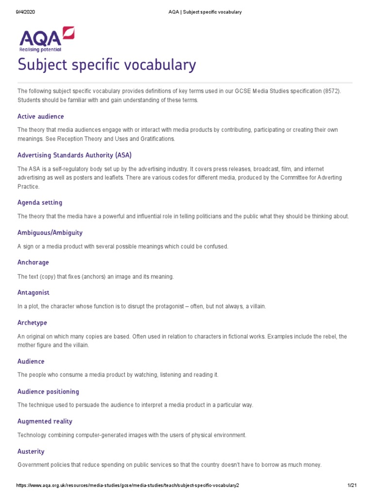 Aqa Subject Specific Vocabulary | PDF | Mass Media | Television