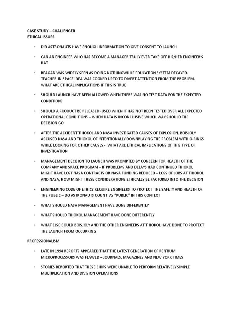 Case Study - Challenger Ethical Issues | PDF | Engineer | Profession